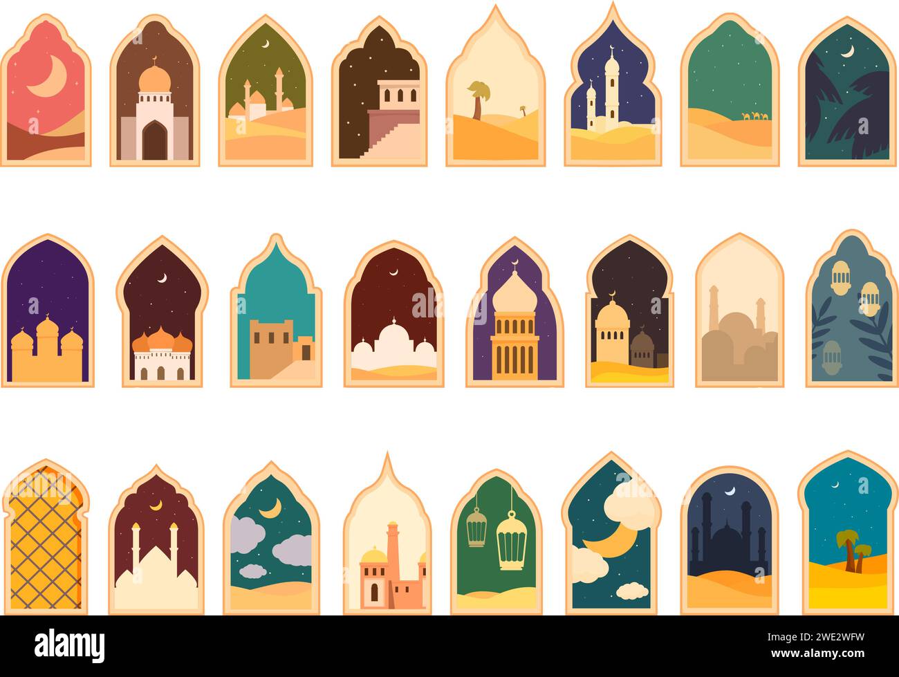 Arch window mosque muslim building icons set cartoon vector. Islamic ... Arch window mosque muslim building icons set cartoon vector. Islamic ...