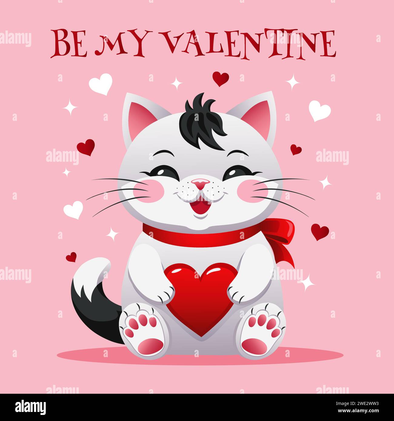 Greeting card with a cat and a heart for Valentines Day. Valentine card ...