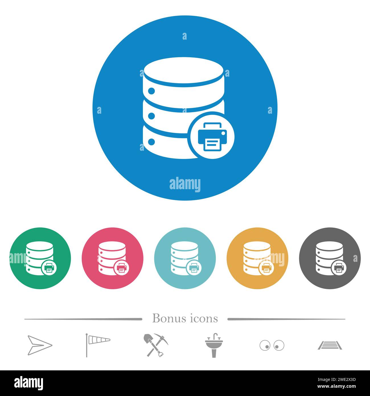 Print Database data flat white icons on round color backgrounds. 6 ...