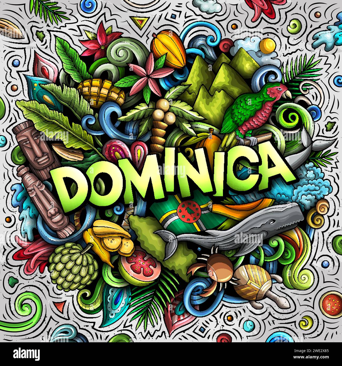 Vector funny doodle illustration with Dominica theme. Vibrant and eye ...