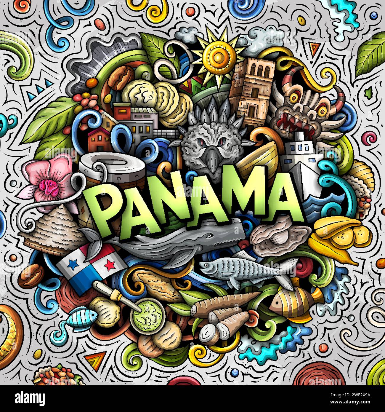 Vector funny doodle illustration with Panama theme. Vibrant and eye ...