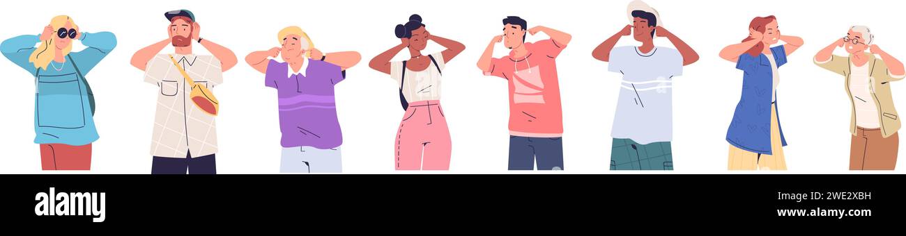 People plugging ears. Annoyed girlfriend and angry man cover ear with ...