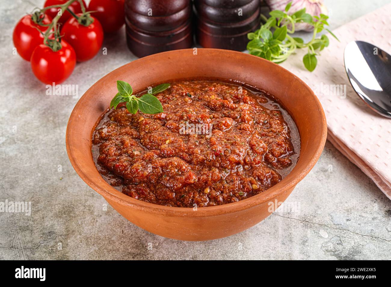 Spanish traditional gazpacho tomato soup served basil Stock Photo - Alamy