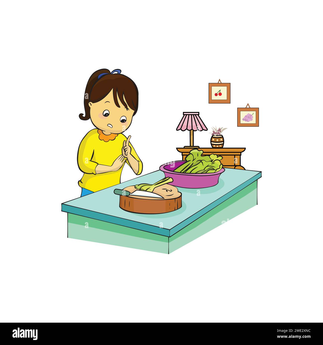 Cute girl cooking was cut knife and first aid for bleeding isolated on ...