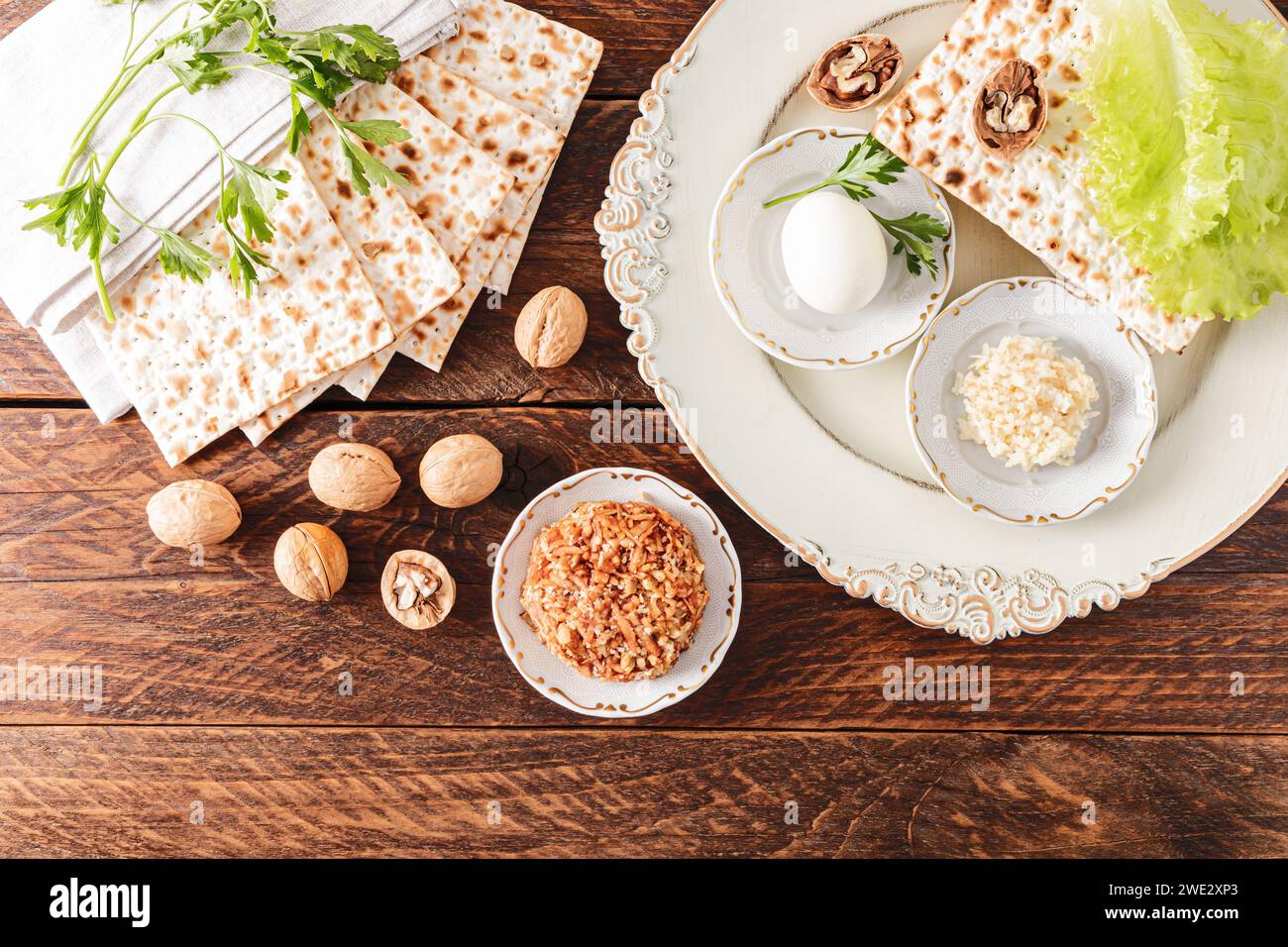 Festive background for Jewish Passover holiday with traditional food ...