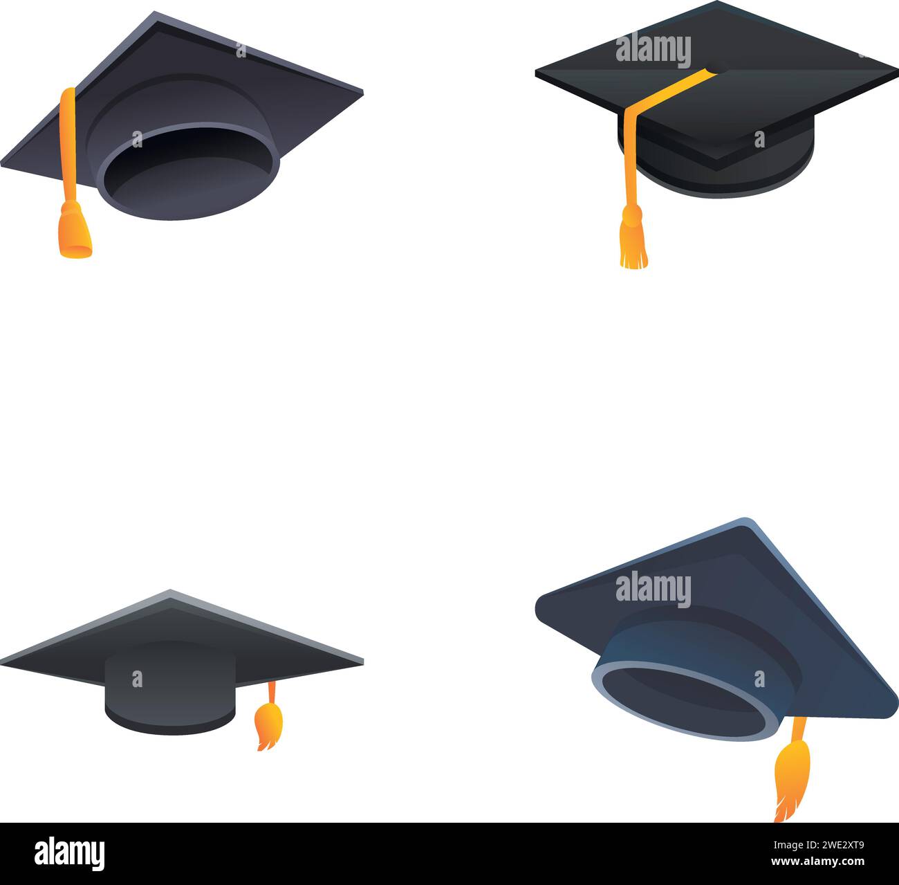 Graduation cap icons set cartoon vector. Black cap of graduation university. Element for degree ...