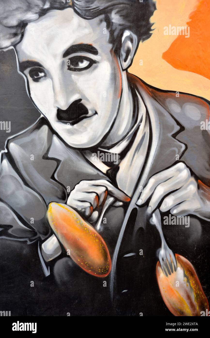 Charlie Chaplin The Gold Rush dance of the rolls graffiti mural in ...