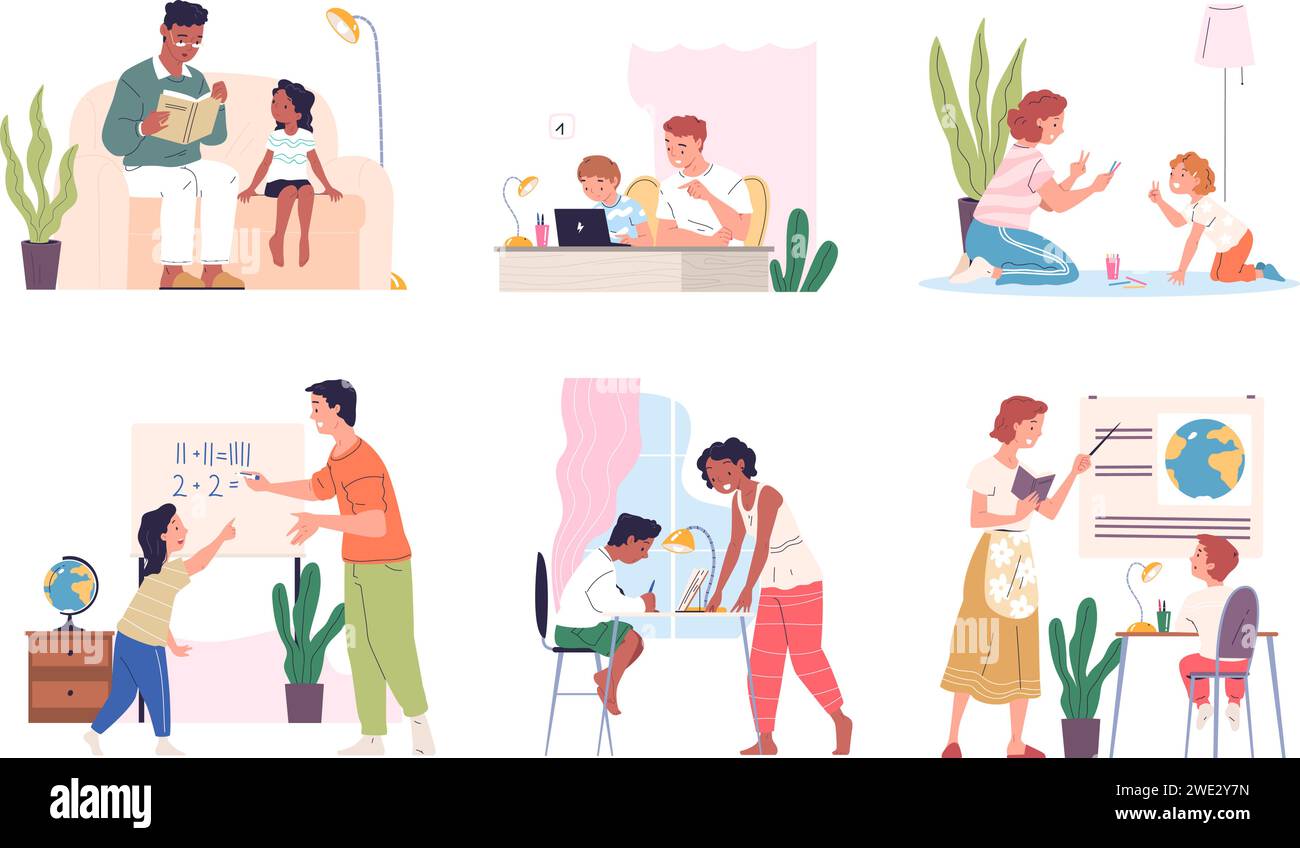 Parents homework. Father and mother teaching kids, parent acting mentor ...