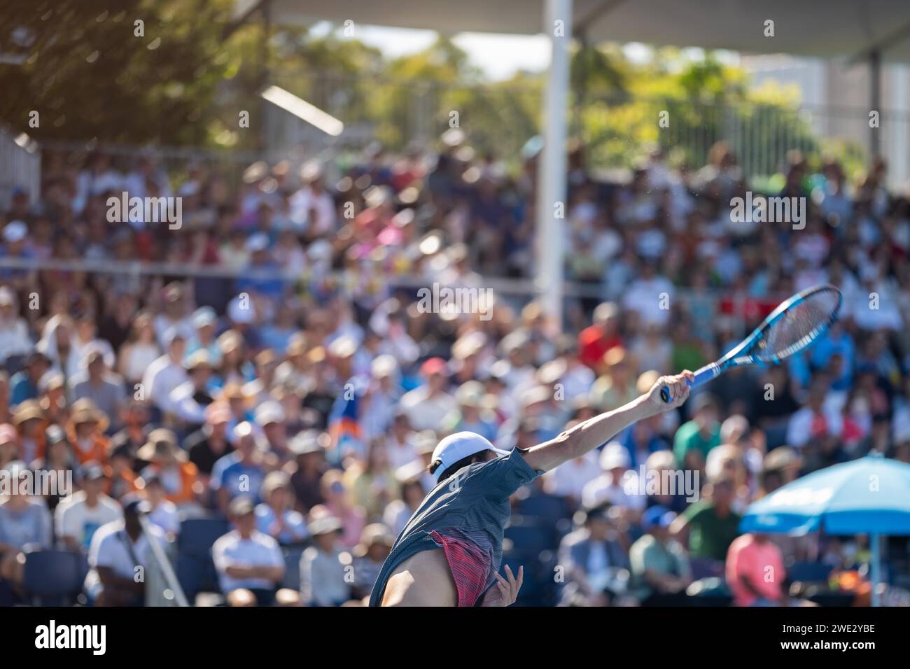 playing tennis on a blue tennis court. serving in a tennis with a crowd ...
