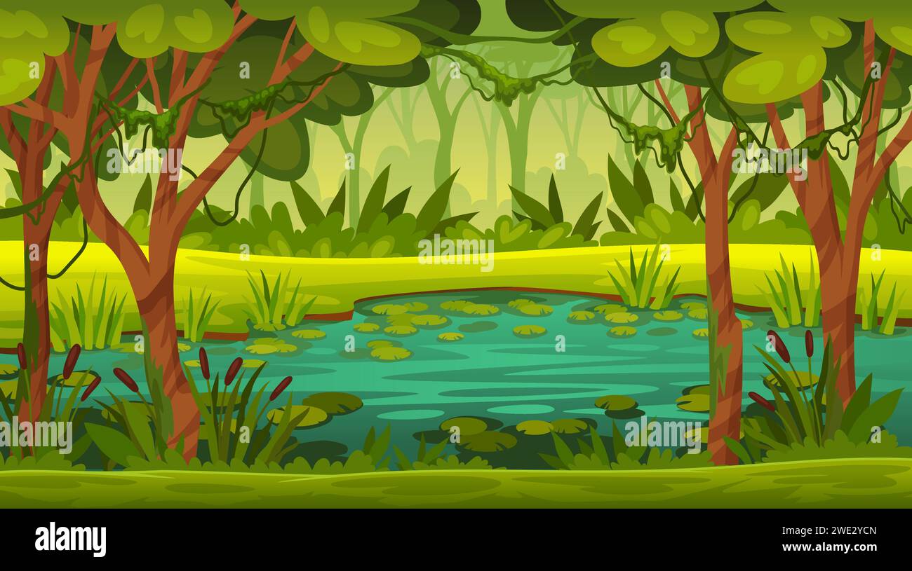 Swamp landscape. Forest river marsh cartoon game background, fantasy ...