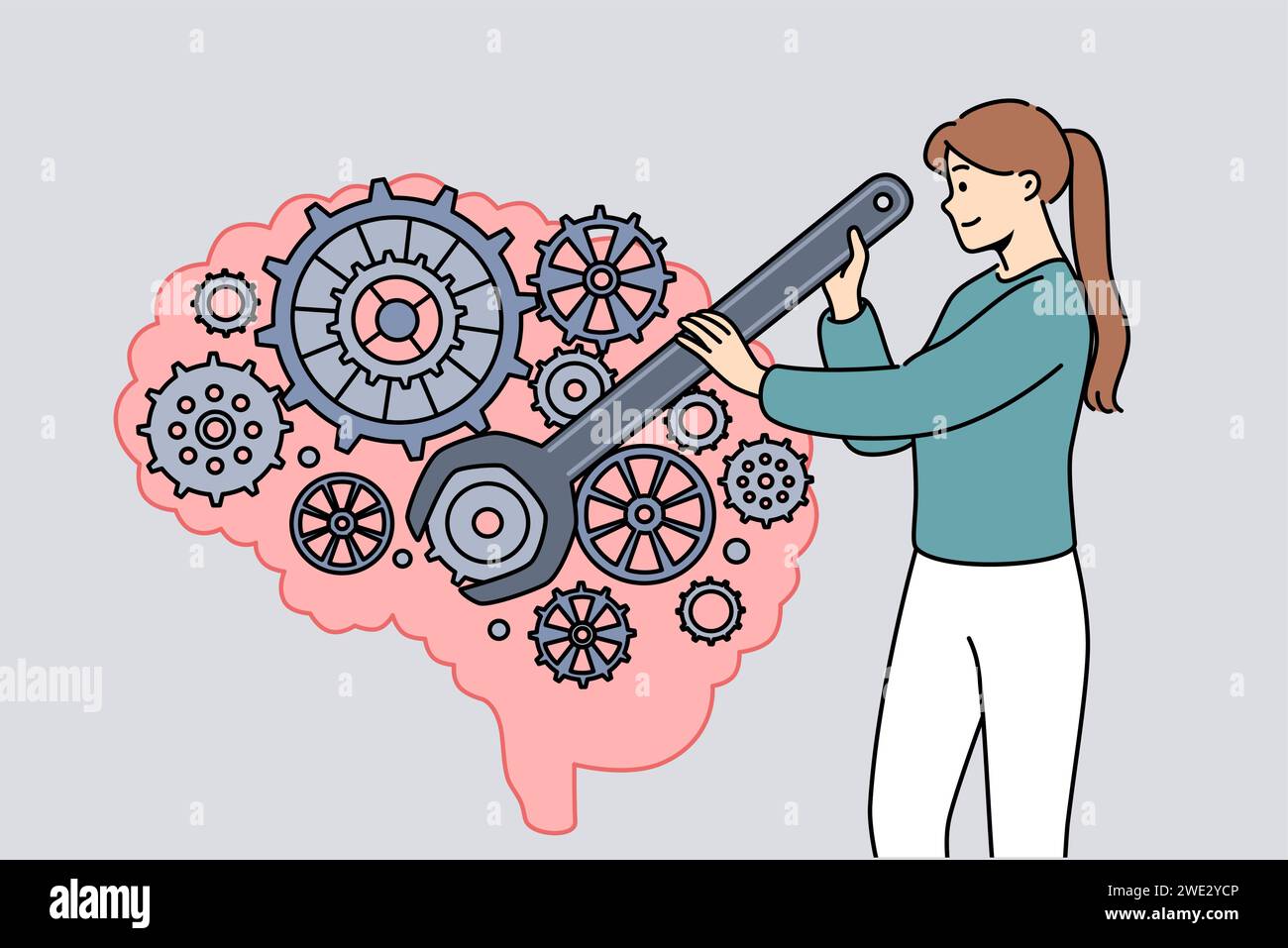 Woman is developing brain and improving intelligence by turning gears ...