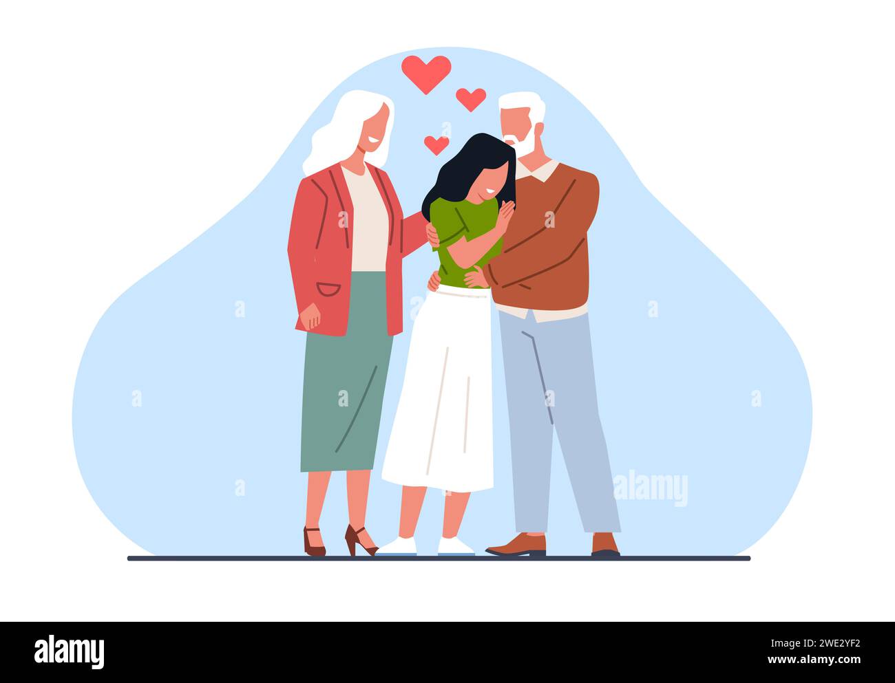 Elderly parents hug grown girl child, showing love and care. Generation ...