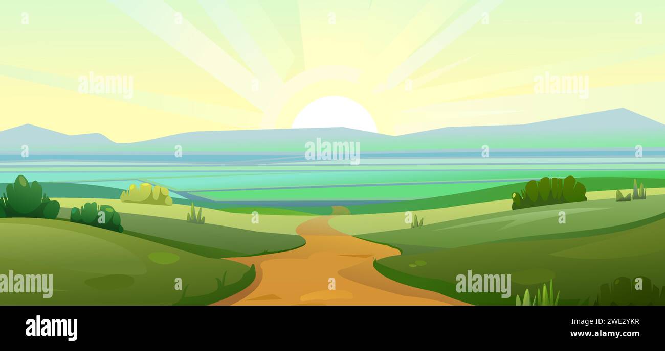 Road to valley with fields. Mountains on horizon. Scenery Landscape ...