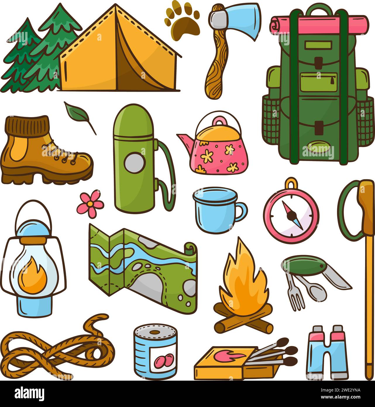 Camping outdoor elements. Isolated boot and tent in forest, metal mug ...