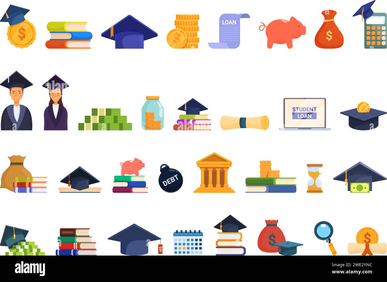Student loan icons set cartoon vector. Agreement books. Cash hat money ...