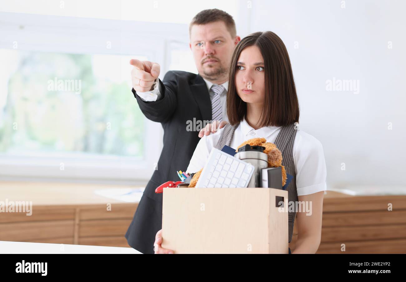Angry yelling boss point arm to exit Stock Photo - Alamy