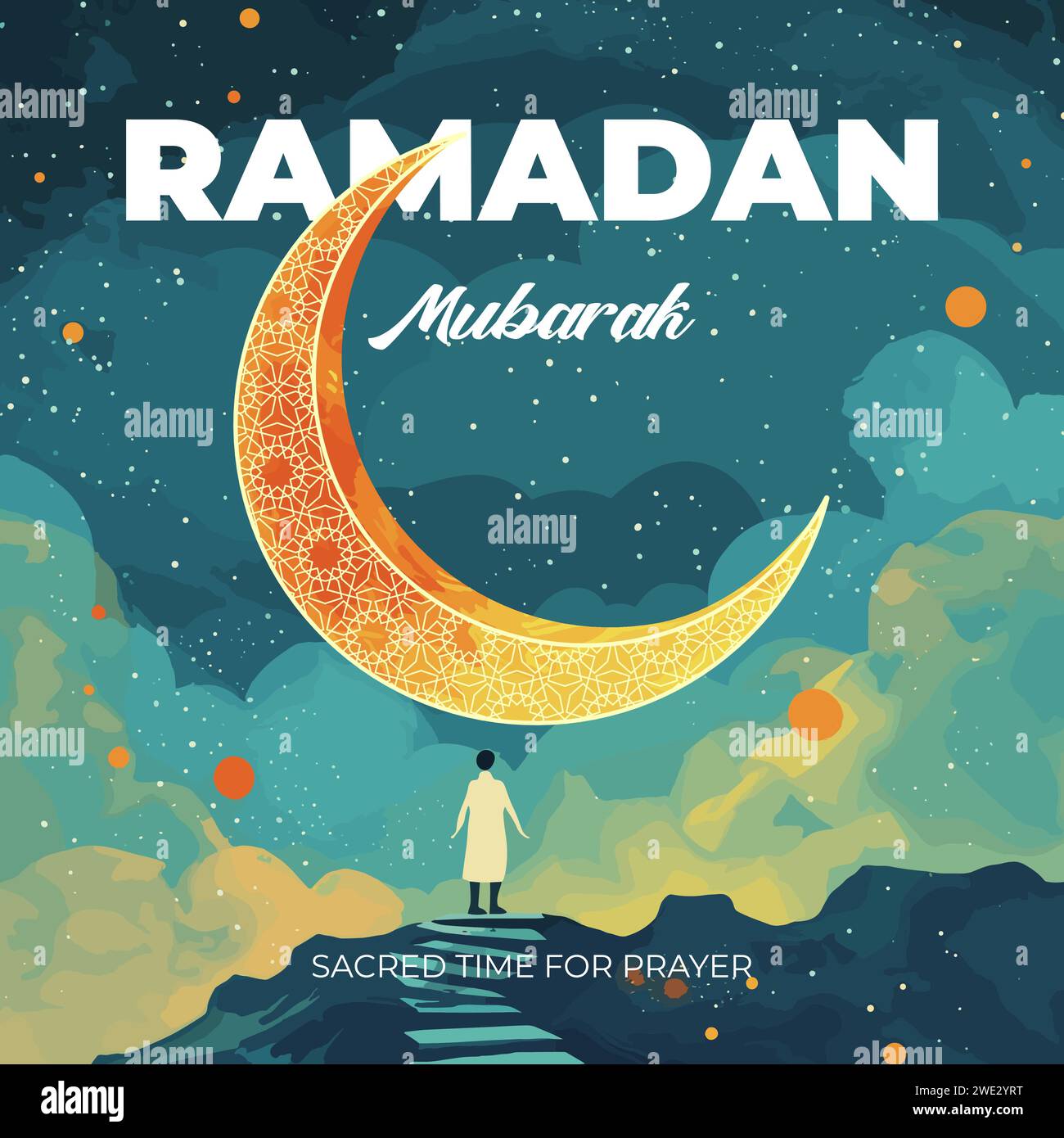 Islamic holy month Ramadan Kareem square banner. Muslim believer prays ...