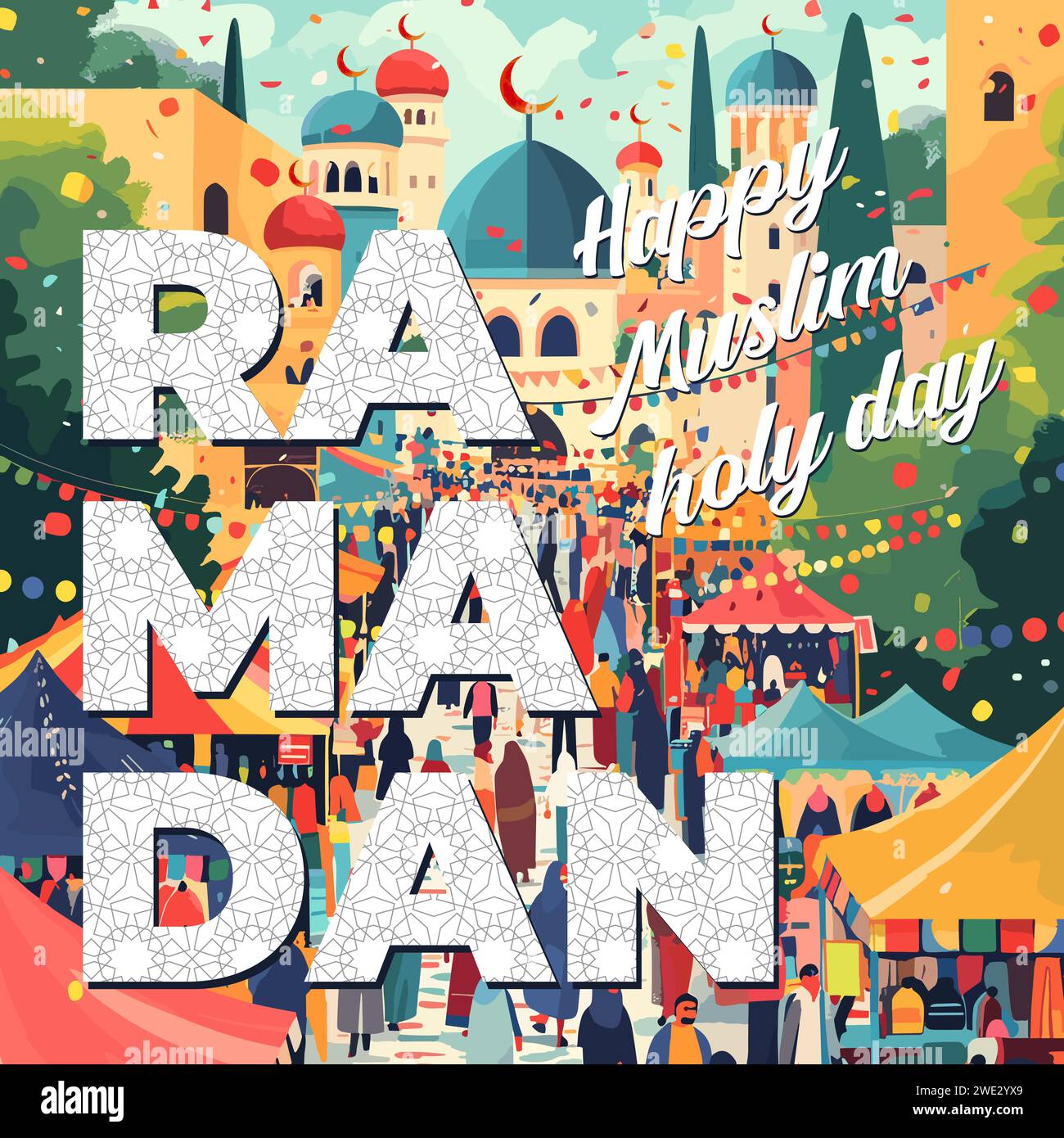 Islamic holy month Ramadan Kareem square banner. Decorated Arab street ...
