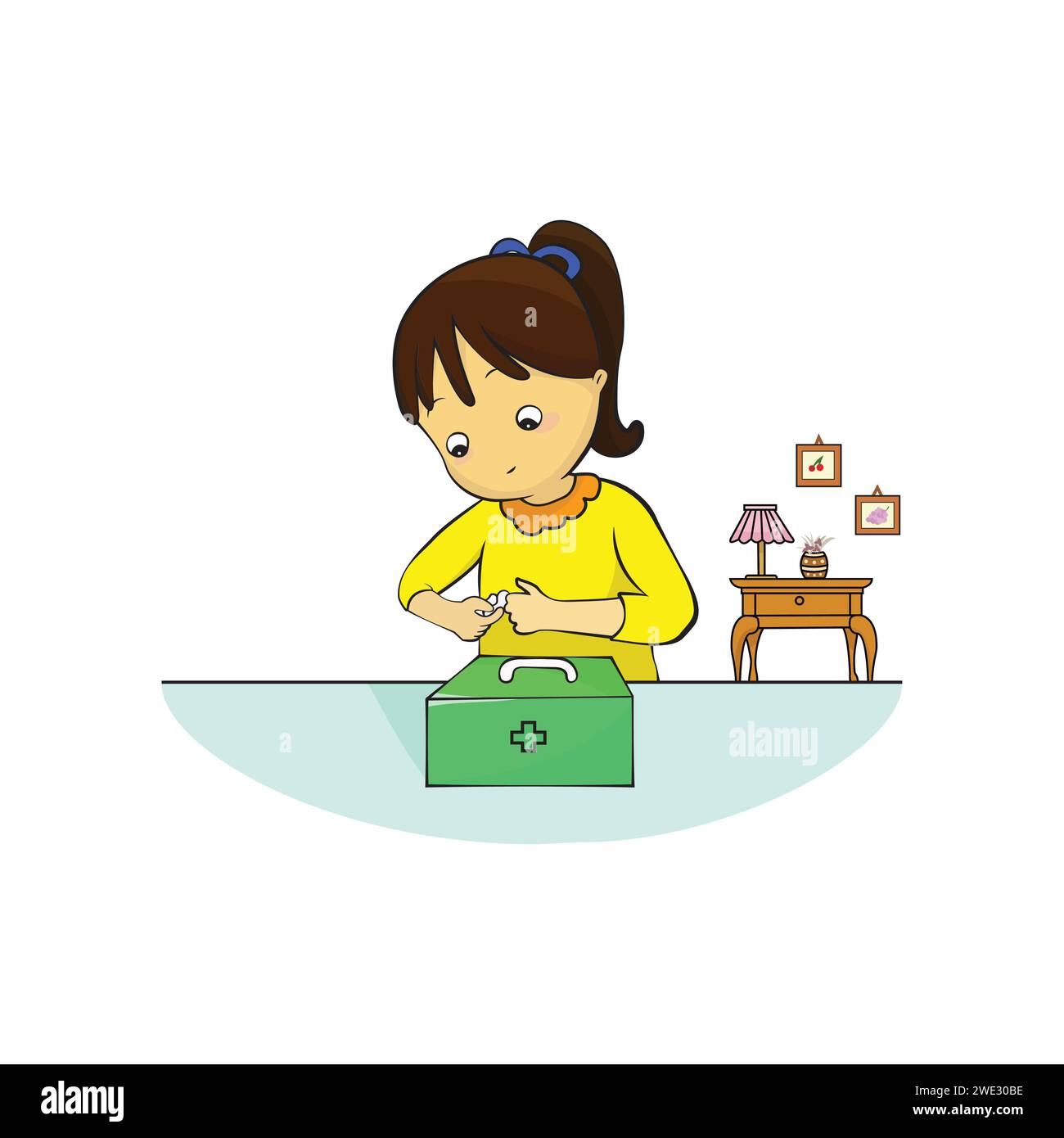 Girl bandage up and first aid for bleeding isolated on white background ...