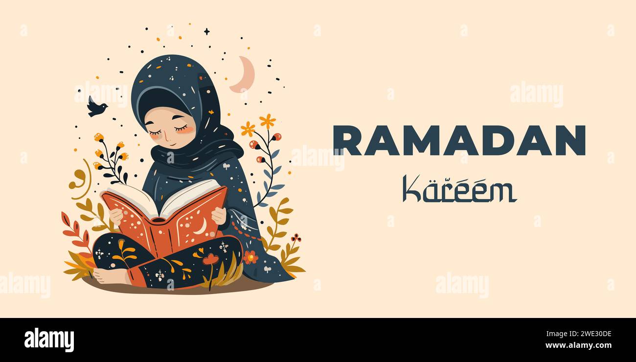 Islamic month Ramadan Kareem horizontal banner. Islam girl reads Quran ...