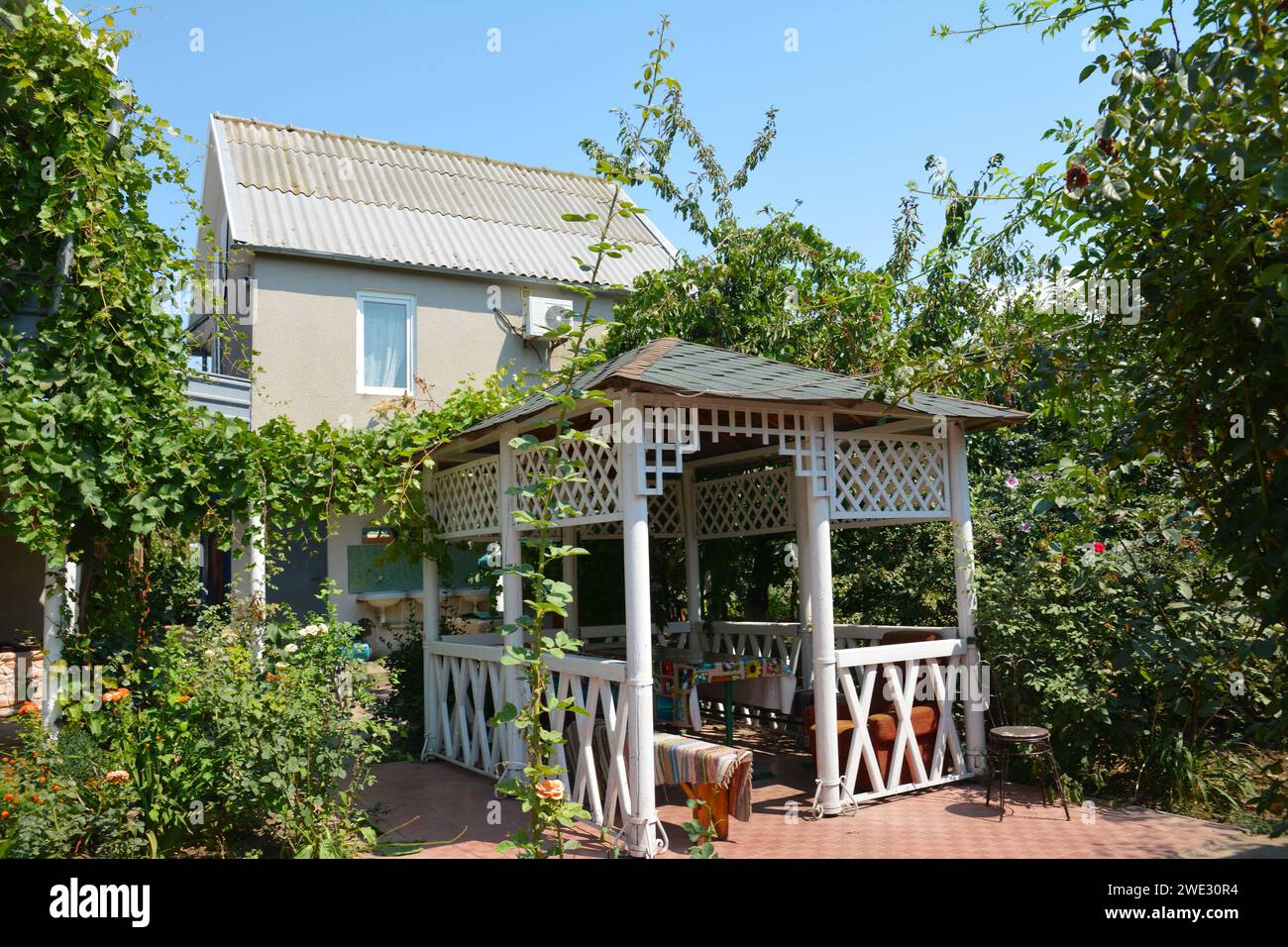 Alcove, wooden arbor, pavilion, bower, summer house, garden house in ...