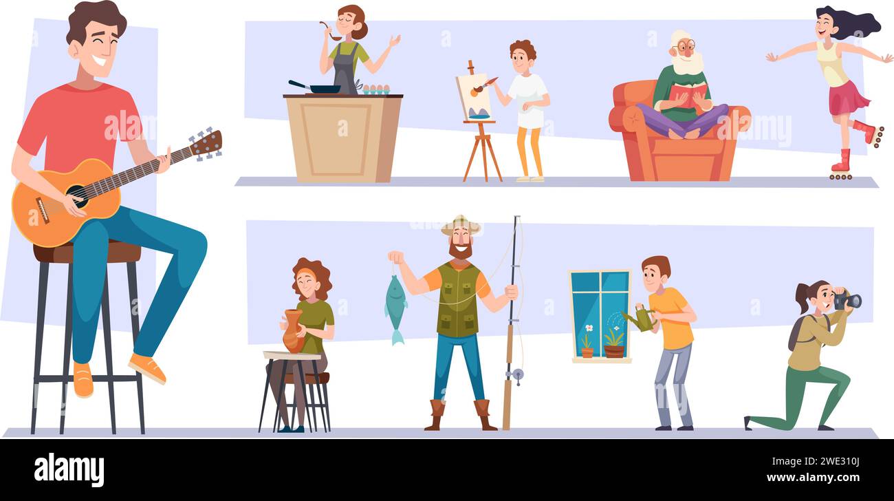 Hobbies. People reading drawing playing exact vector activities ...