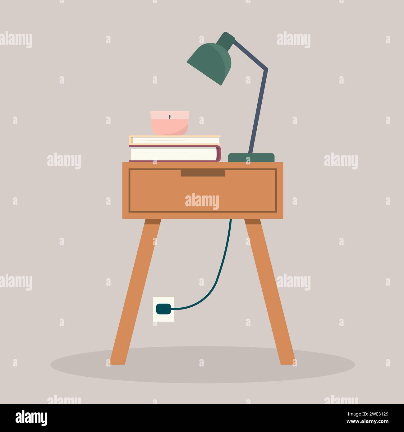 modern wooden bedside table with books, lamp and candle - vector ...