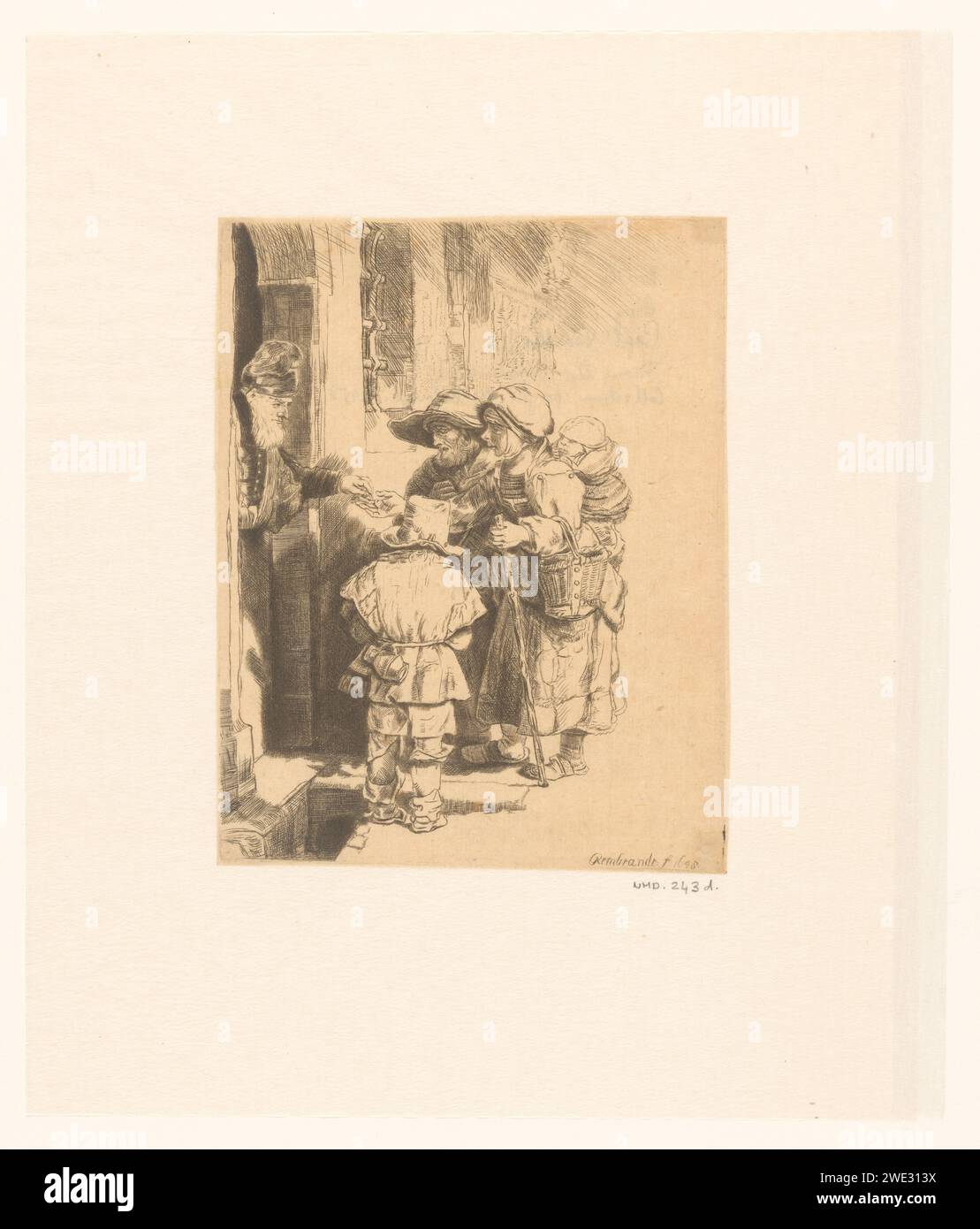 A blind hurdy-gurdy player and family receiving alms, William Baillie ...