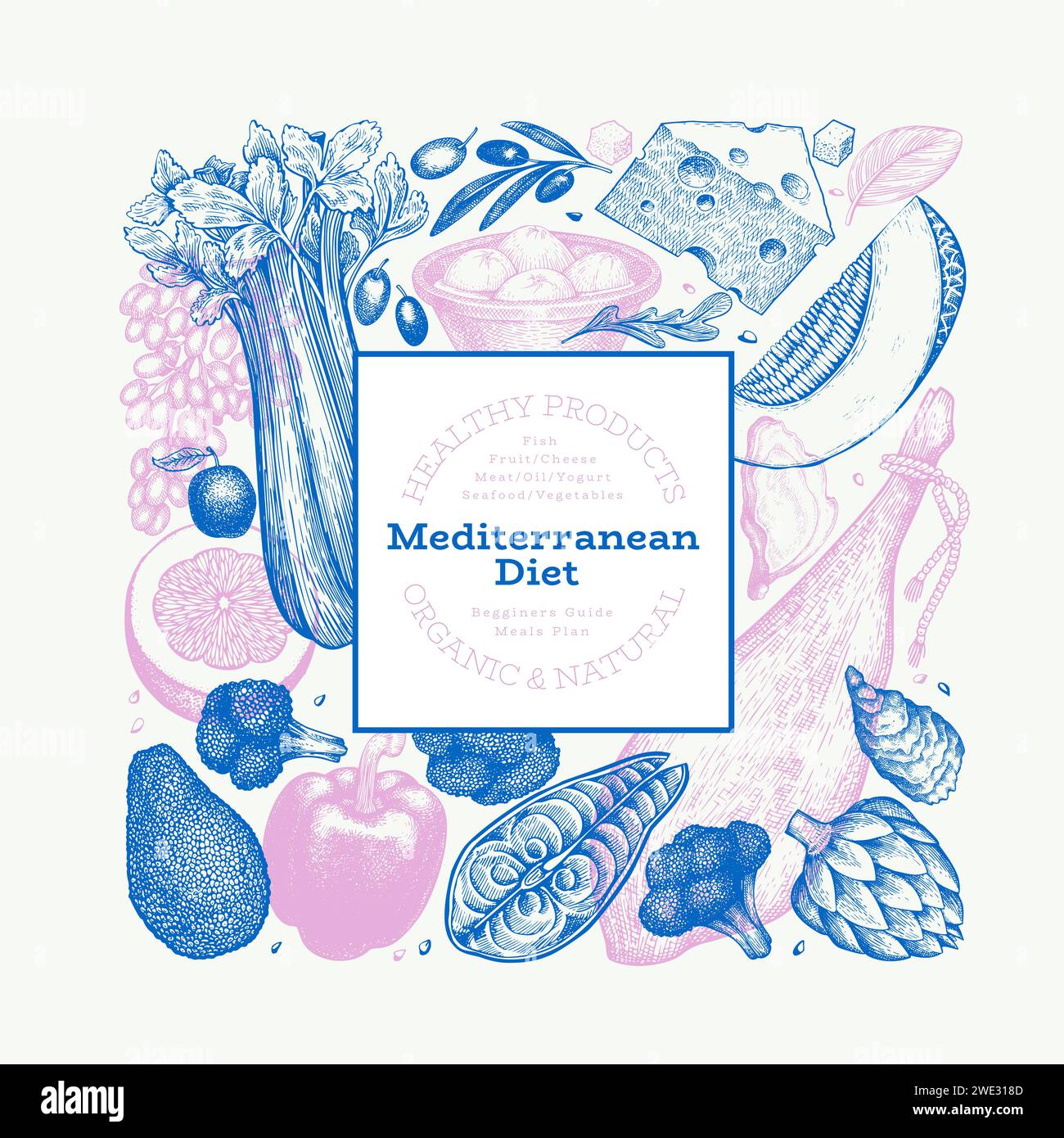 Mediterranean Cuisine Design Template. Vector Hand Drawn Healthy Food ...