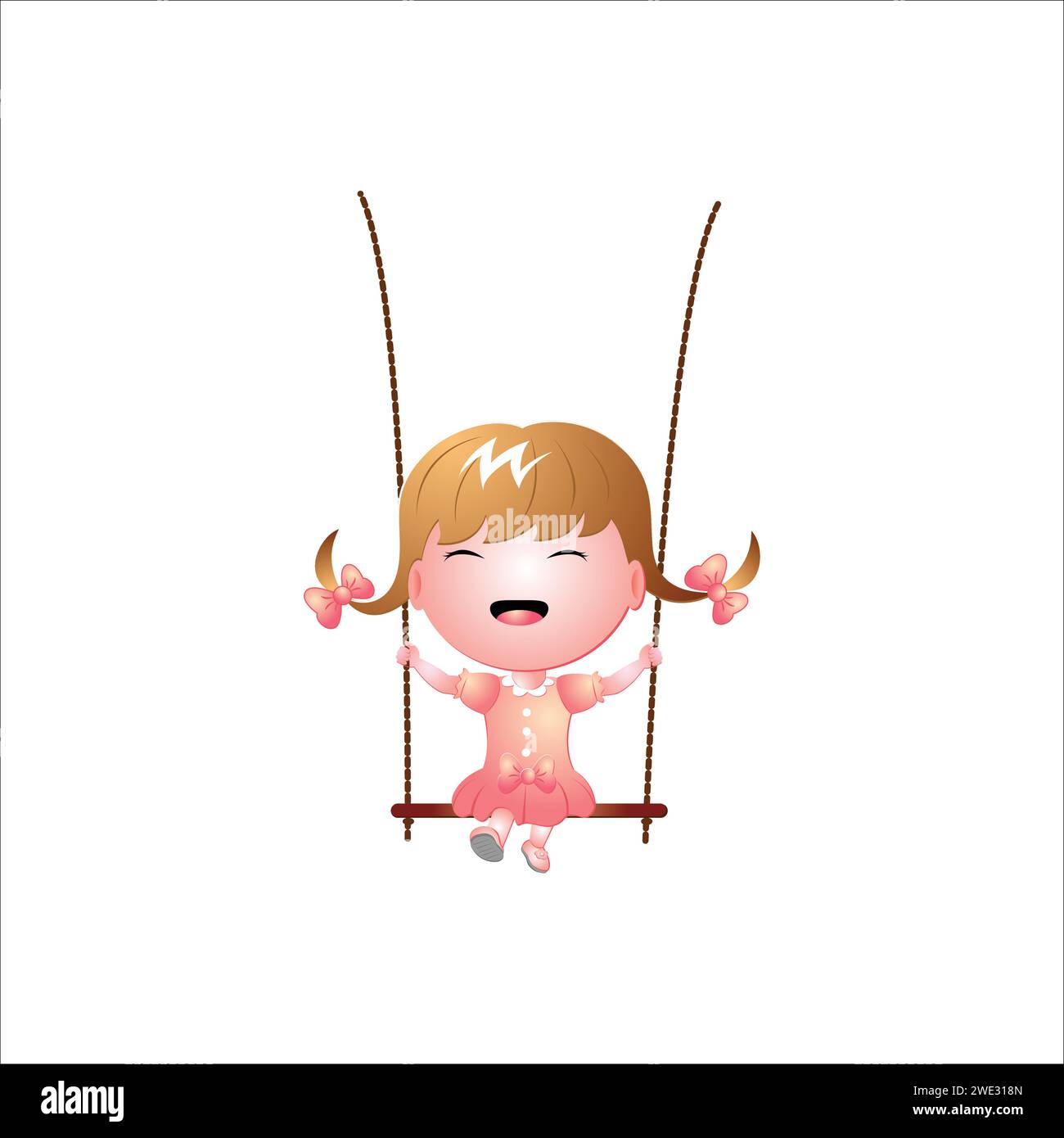 Cute cartoon happy girl playing the swing on white background vector ...