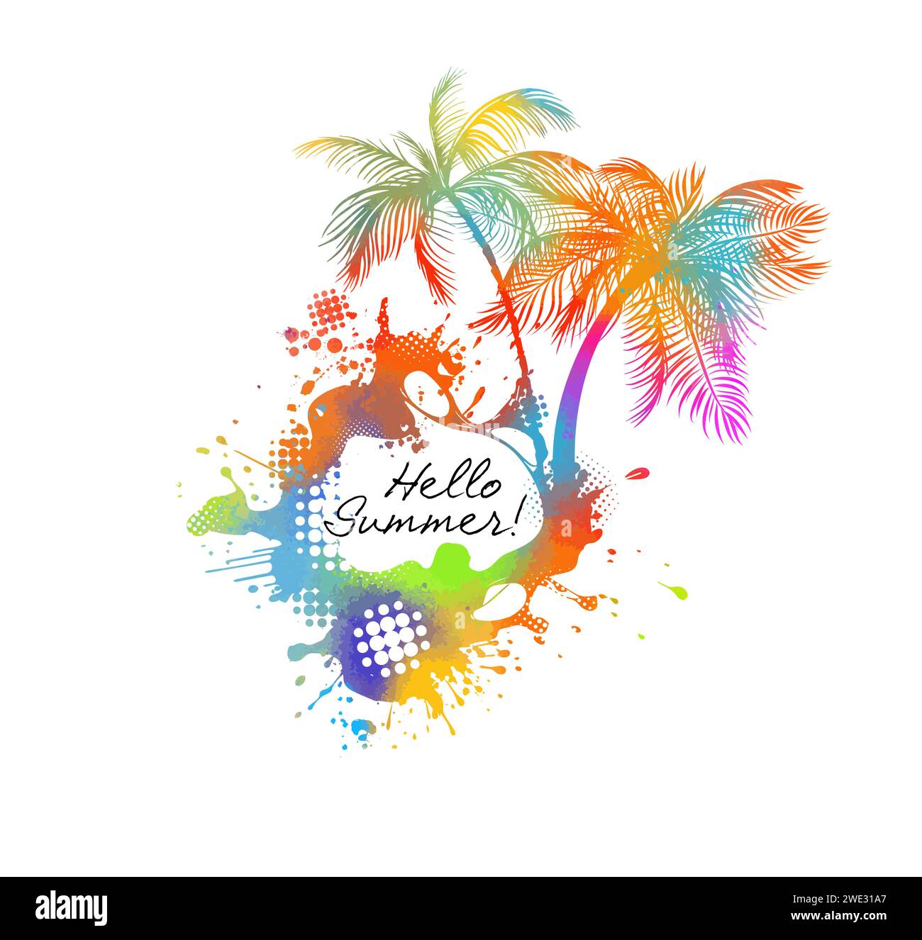 Silhouette of a colored palm tree on a white background with seagulls ...