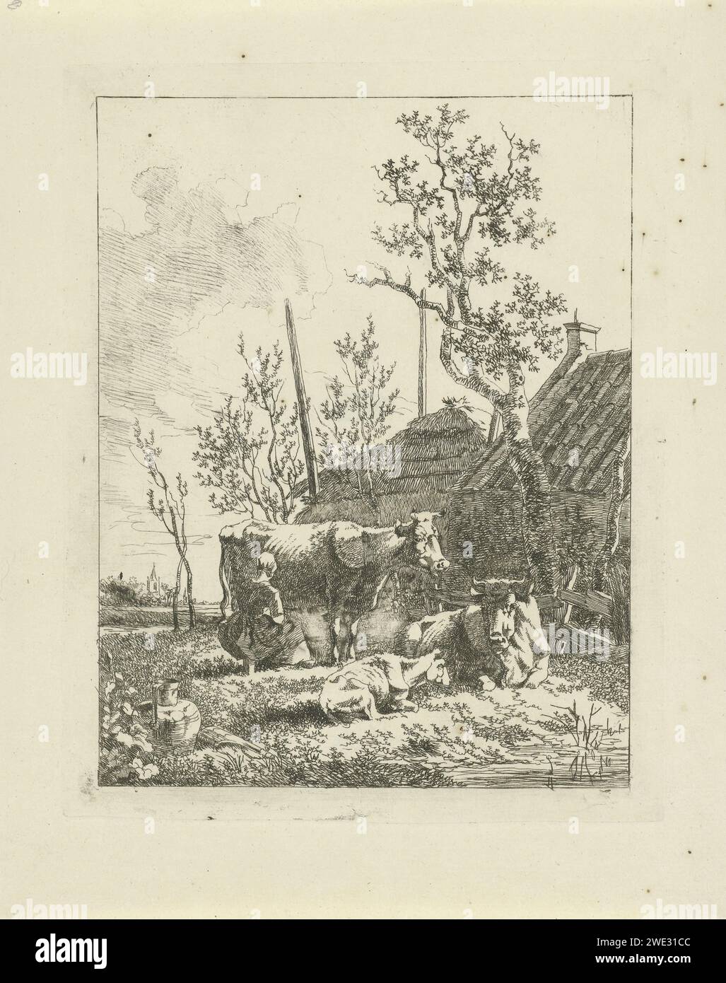 Melkster, Jan Kobell (III), 1810 - 1838 print A woman is milking a cow ...