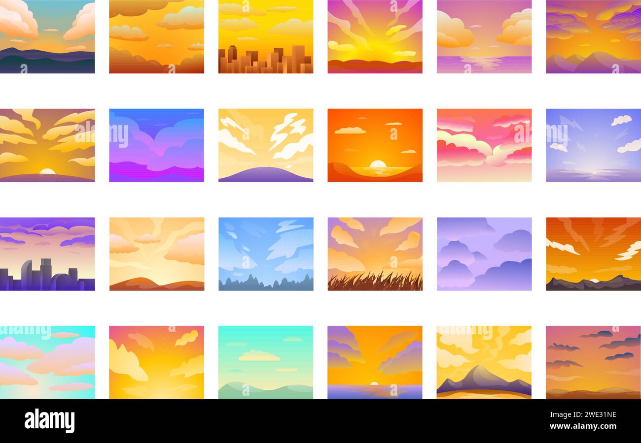 Sunset anime icons set cartoon vector. Sky cloud evening. Cloudy view ...