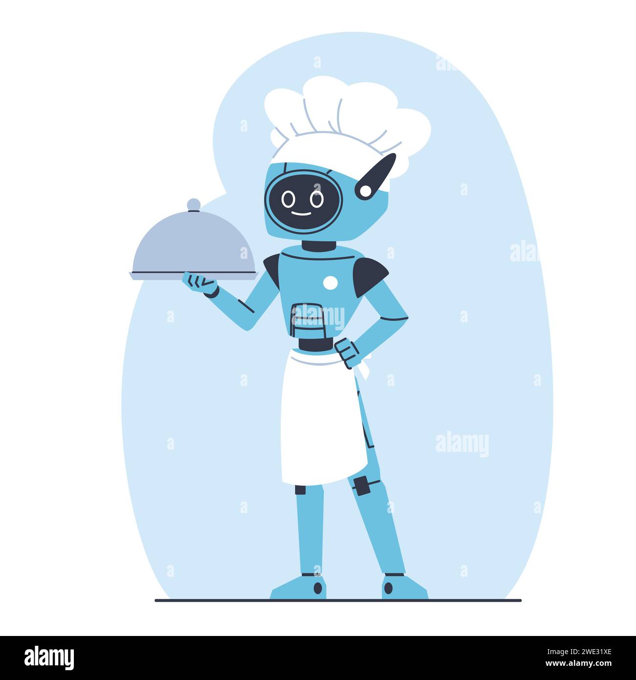 Robot chef holding serving tray. Cooking machine. AI innovation ...