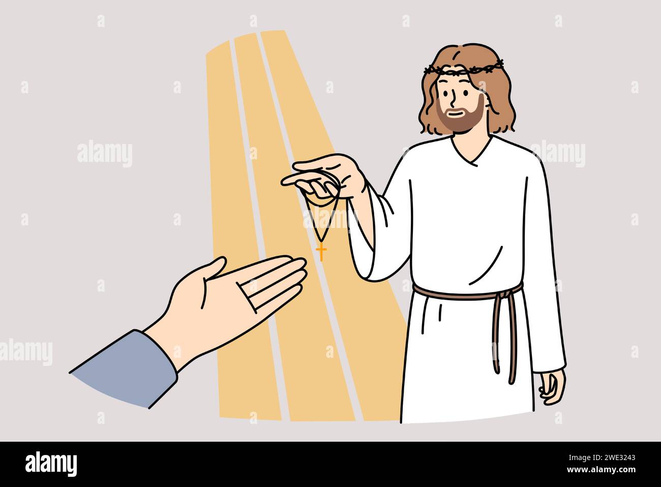 Jesus holds out cross to believer to protect from misfortune and help ...