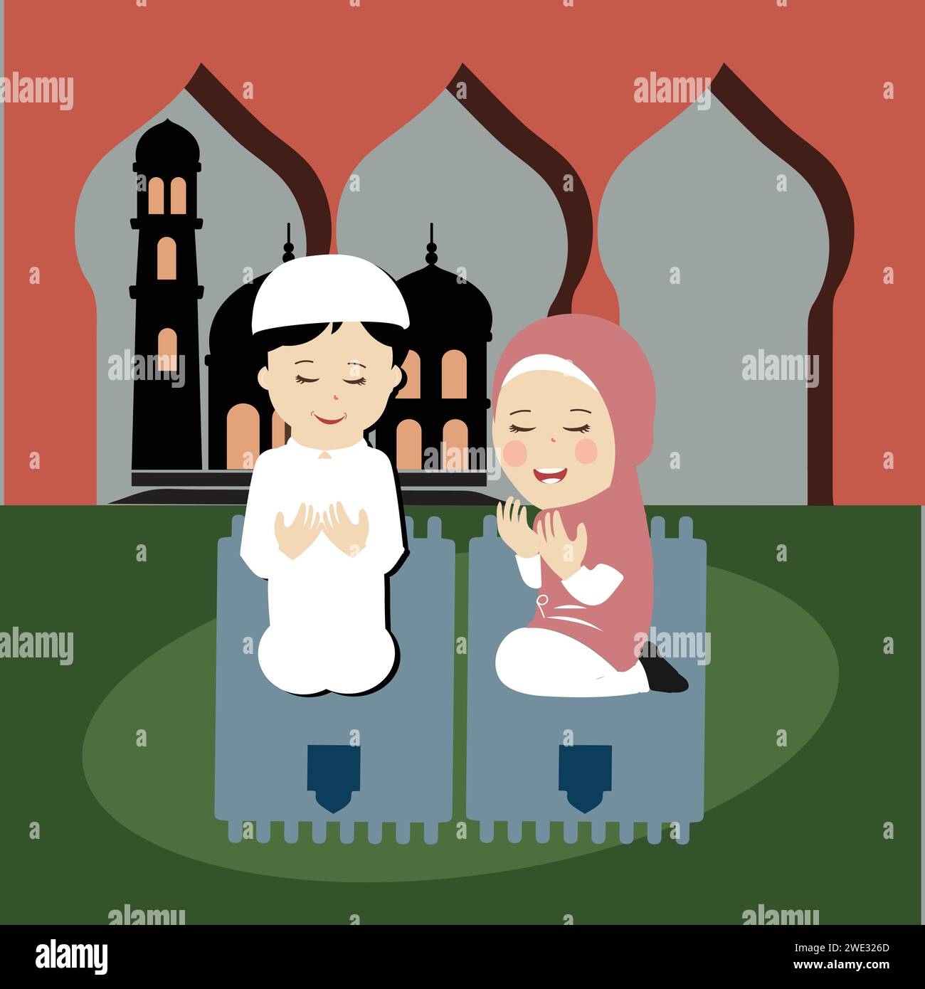 Happy ramadan kareem with kids character illustration. Moslem boy and ...