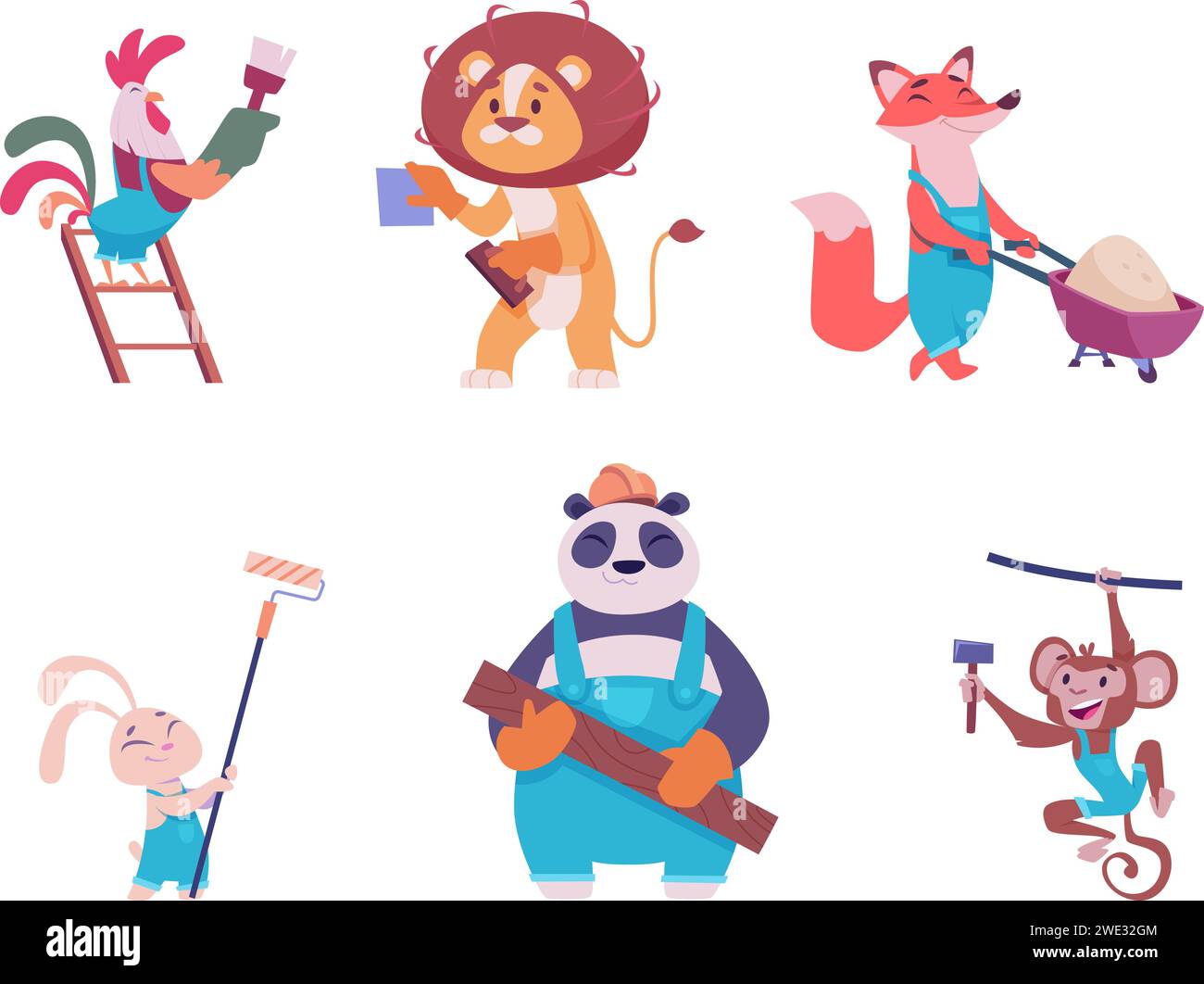 Animal builders. Funny wild animal workers with professional equipment ...