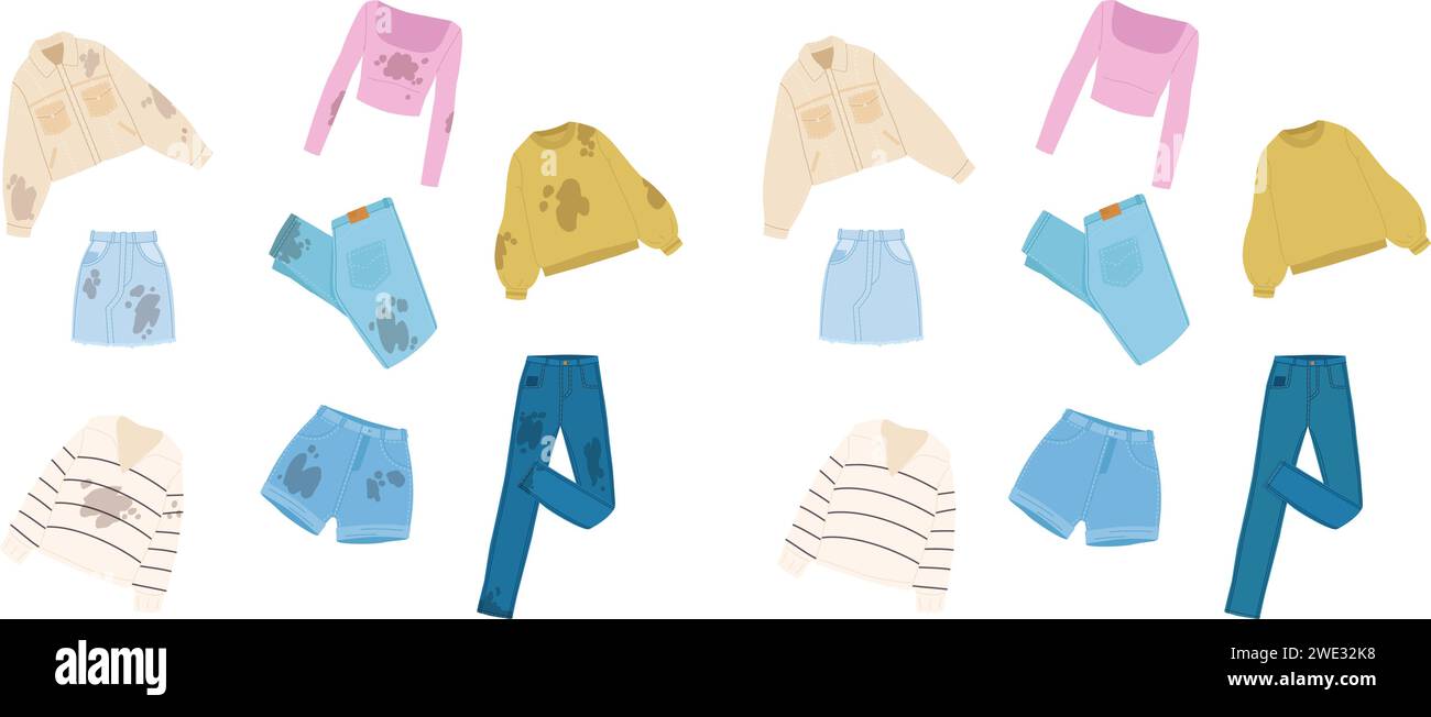 Dirty and clean clothes. Fashion outfits with blobs and dirt stains ...