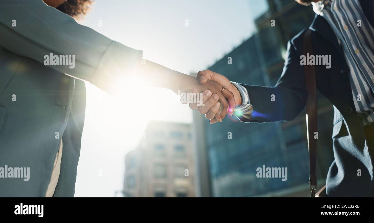 Outdoor, business people and professional with handshake, conversation ...