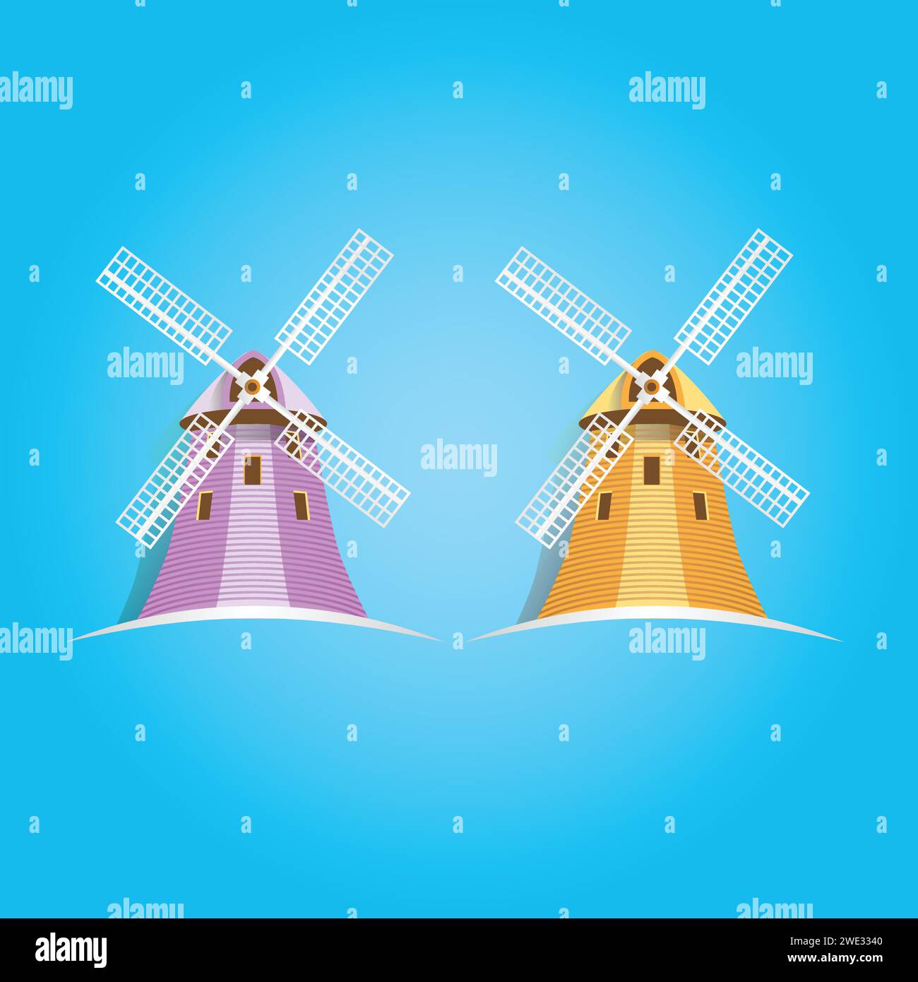Set of windmill cartoon on blue sky background vector illustration ...