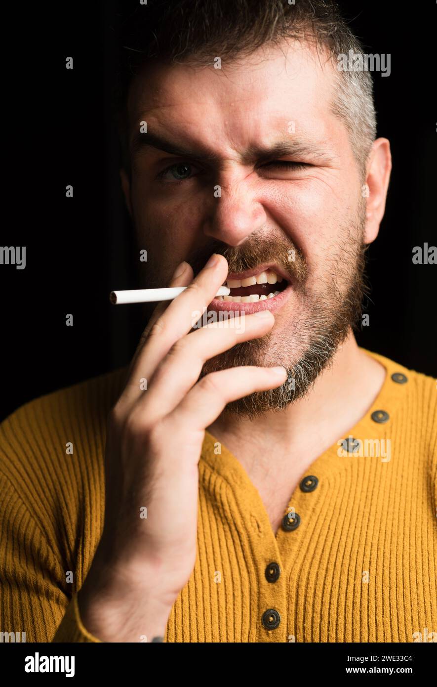Cigarette nicotine addiction. Man smoking cigarette. Smoking addiction ...