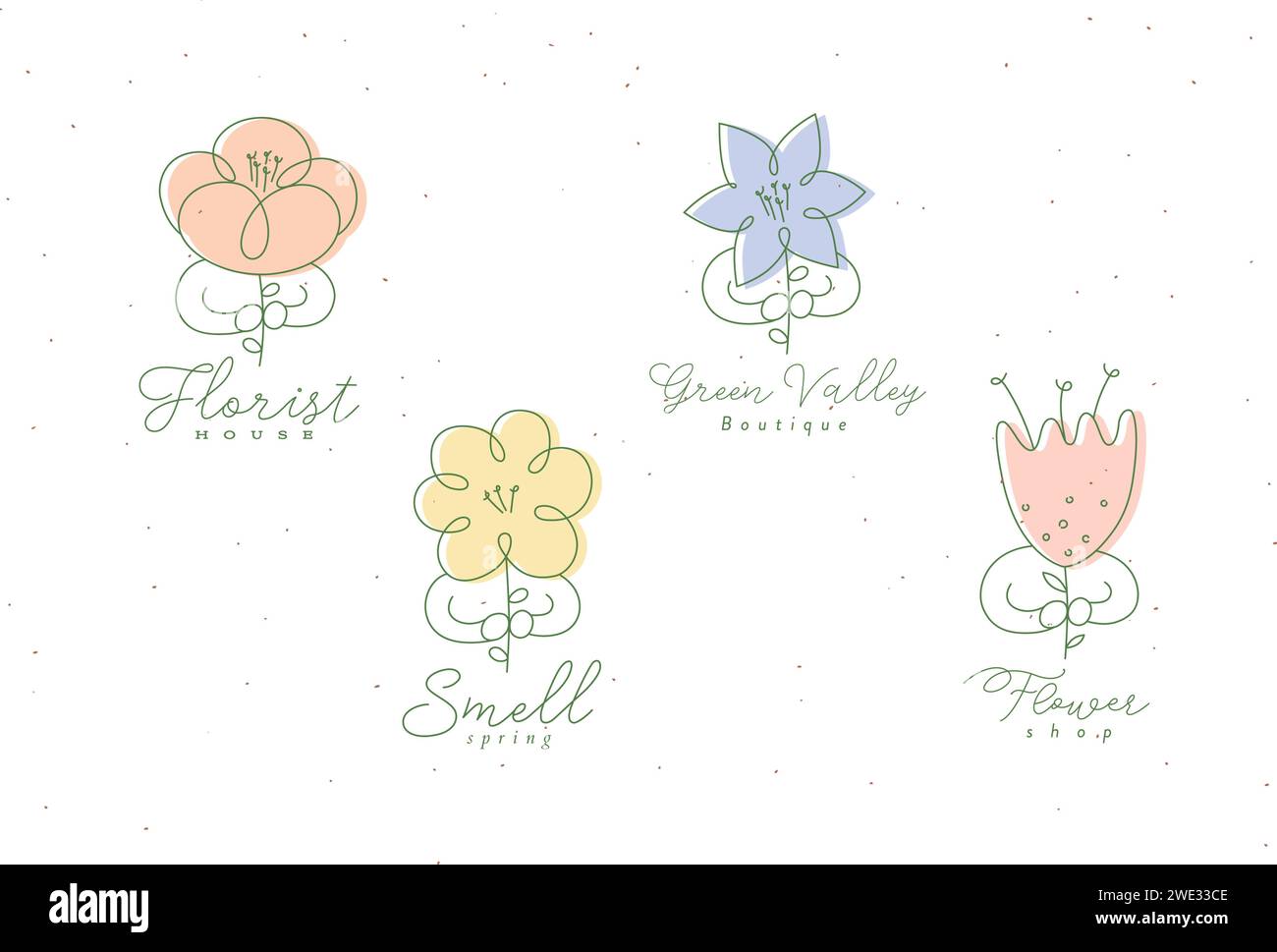 Man with flower labels set drawing in minimalism linear style color ...