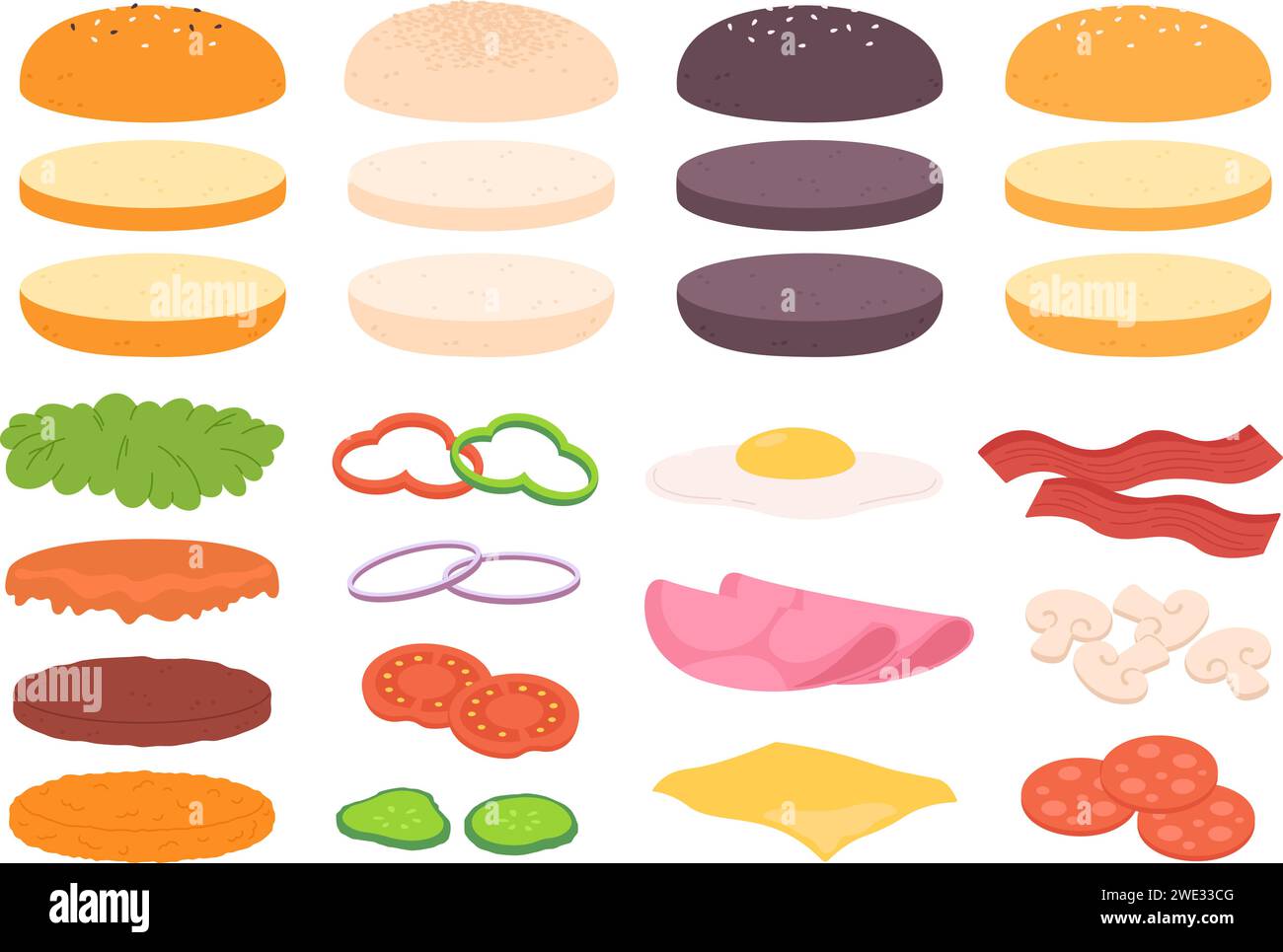 Burger ingredients. Burgers buns, cheese, vegetables and meat cutlet ...