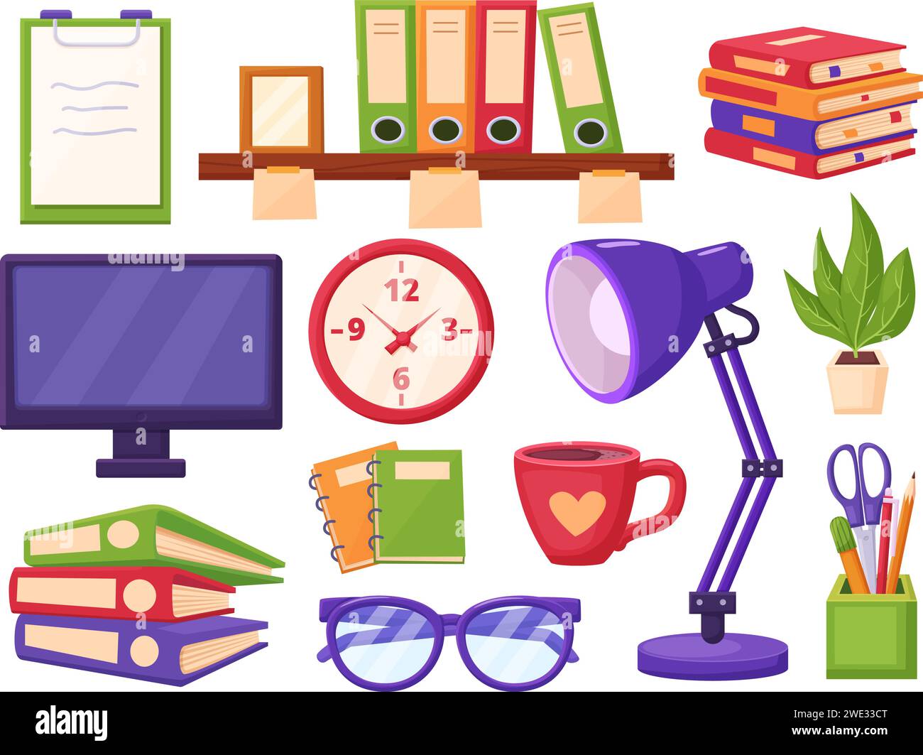 Cartoon workspace elements. Isolated books and paper folders, office ...