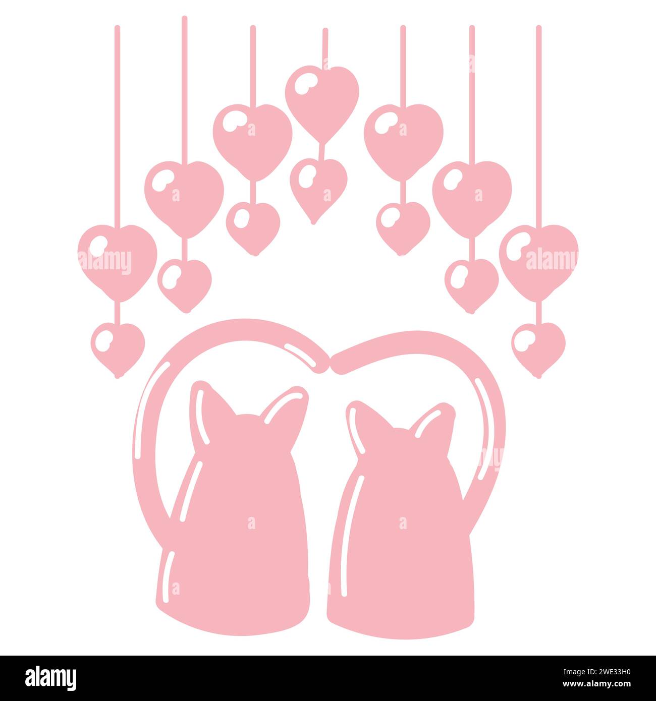 Pink cats in love under a garland of hearts. Valentines Day concept ...