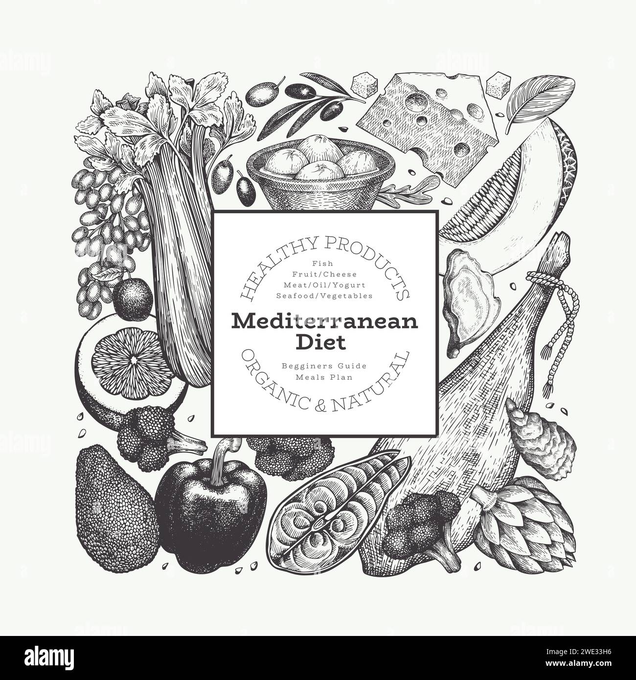Mediterranean Cuisine Design Template. Vector Hand Drawn Healthy Food ...