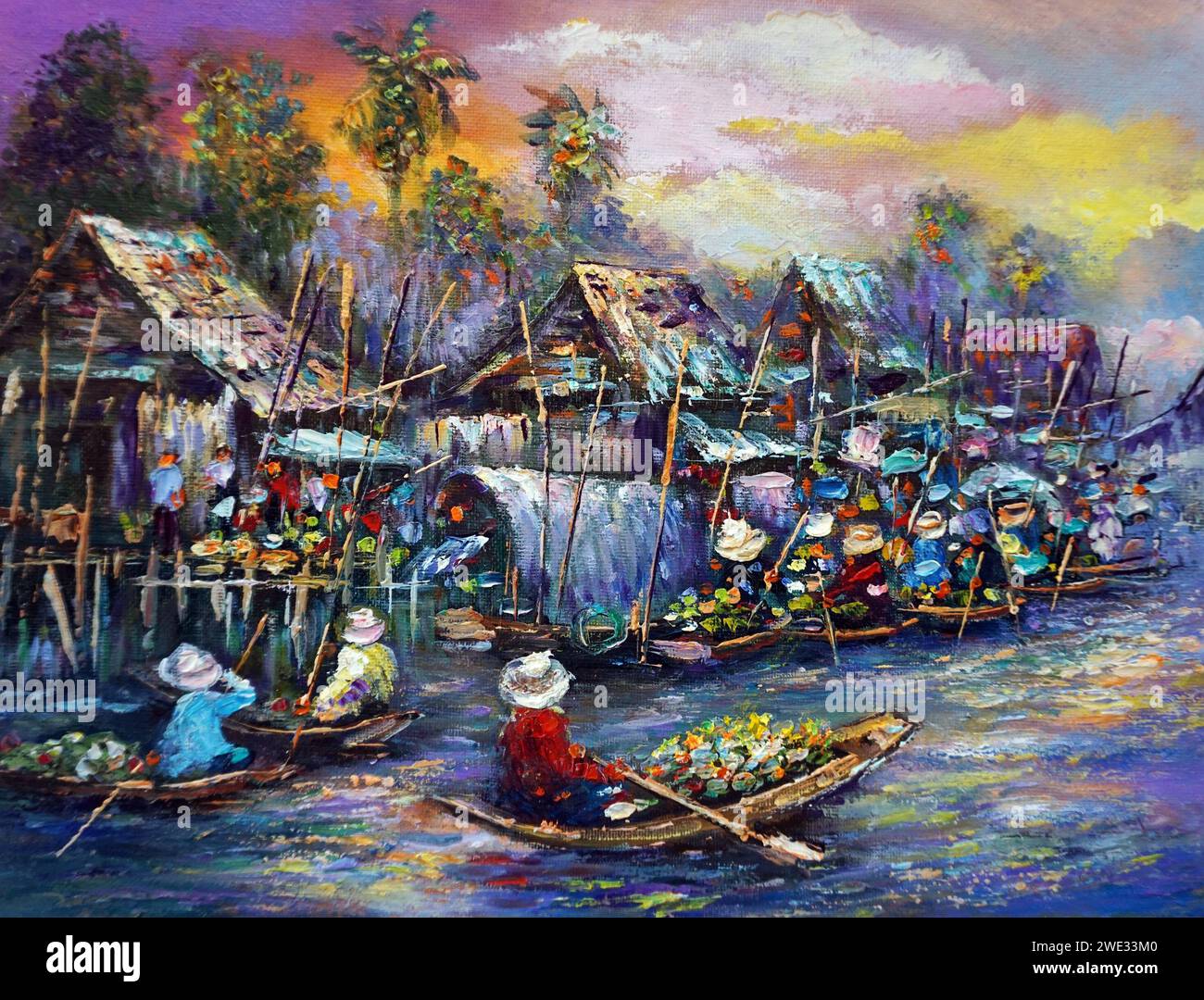 Hand drawn Art painting Oil color Floating market background design ...