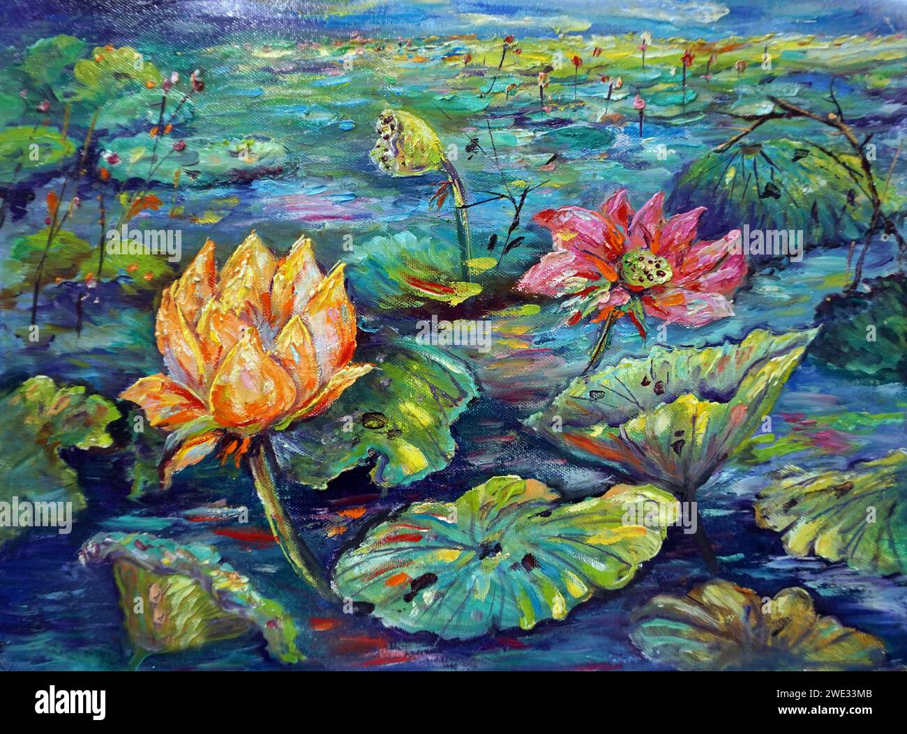 Original art painting Oil color lotus flower and waterlily Stock Photo ...