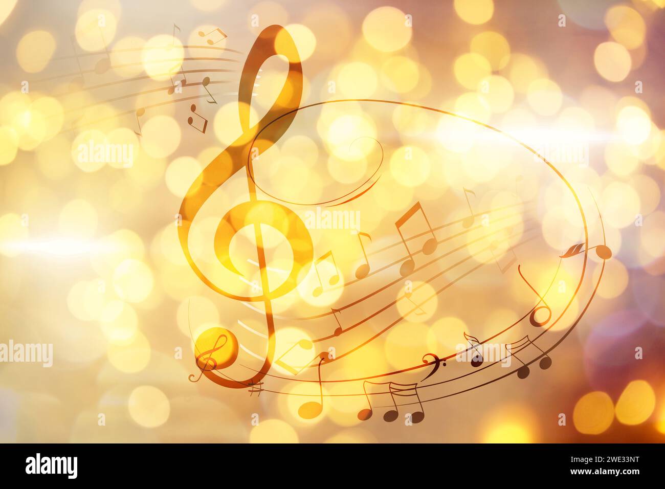 Music notes on background with blurred lights, bokeh effect Stock Photo ...
