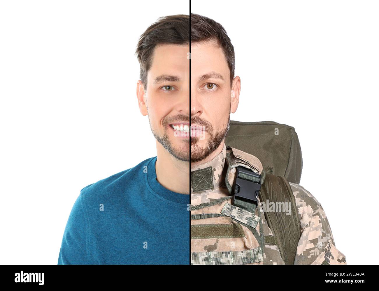 Military and civil man isolated on white, collage dividing portrait ...